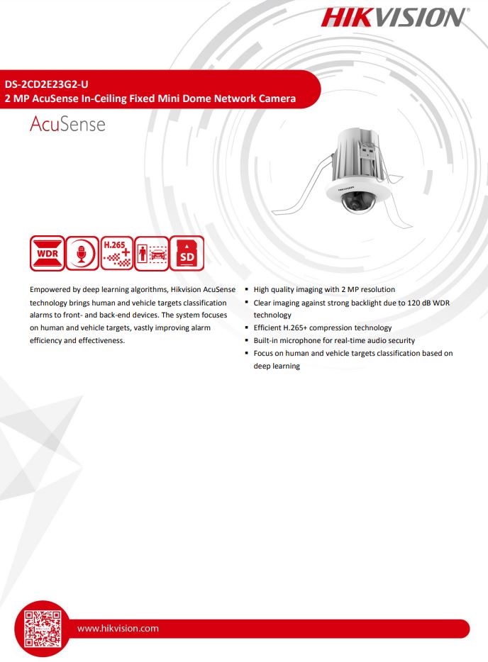 HIKVISION DS-2CD2E23G2-U 2MP AcuSense In-Ceiling Fixed Mini Dome Netwo ...